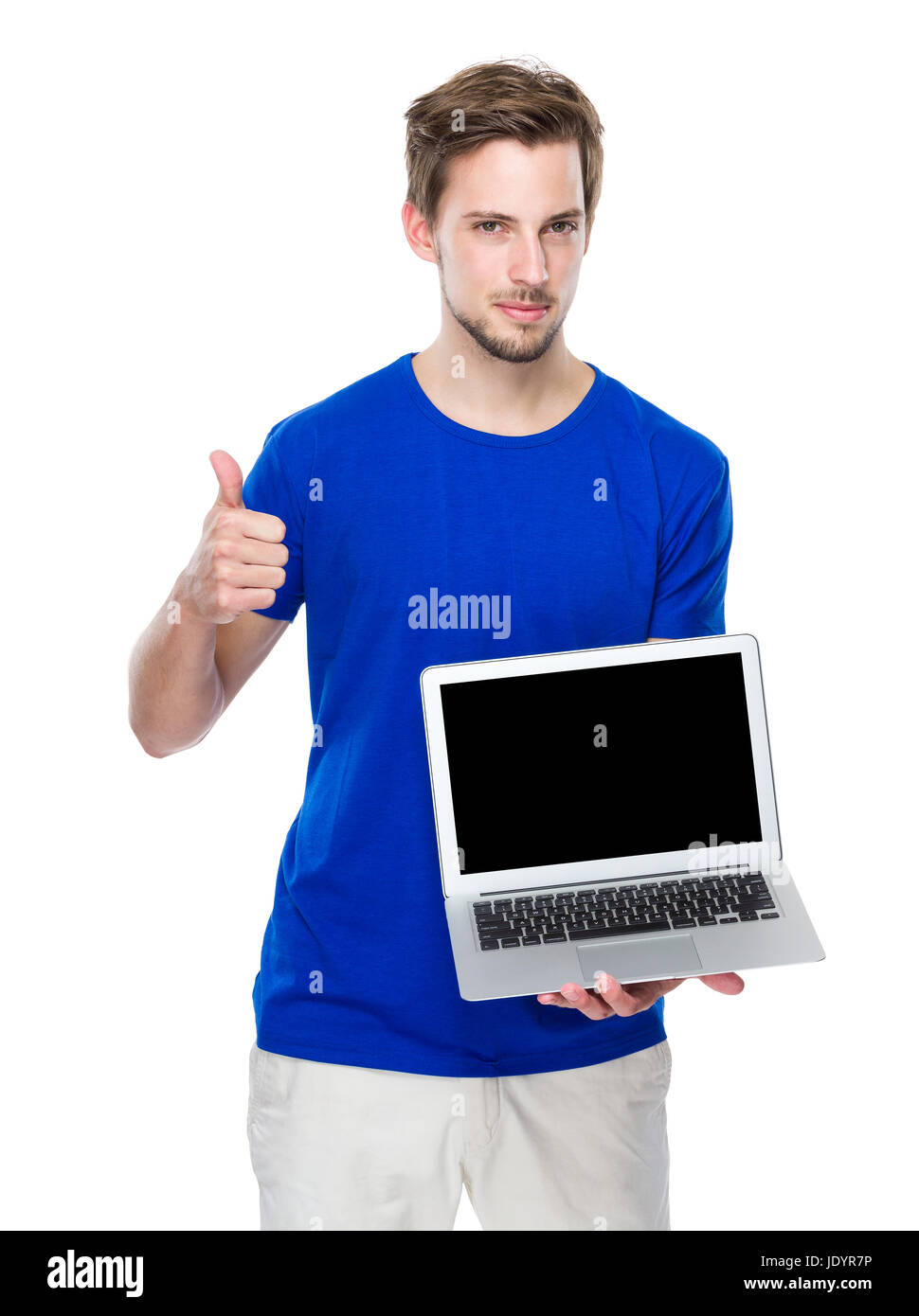Man show with blank screen of laptop computer and thumb up Stock Photo ...