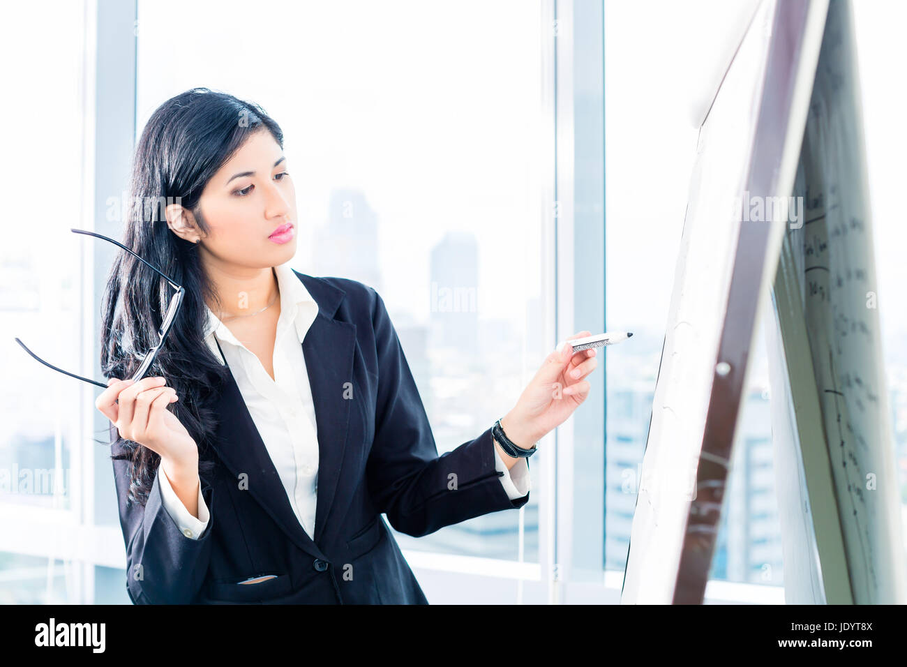 Asian Business woman drawing on flipchart Stock Photo - Alamy
