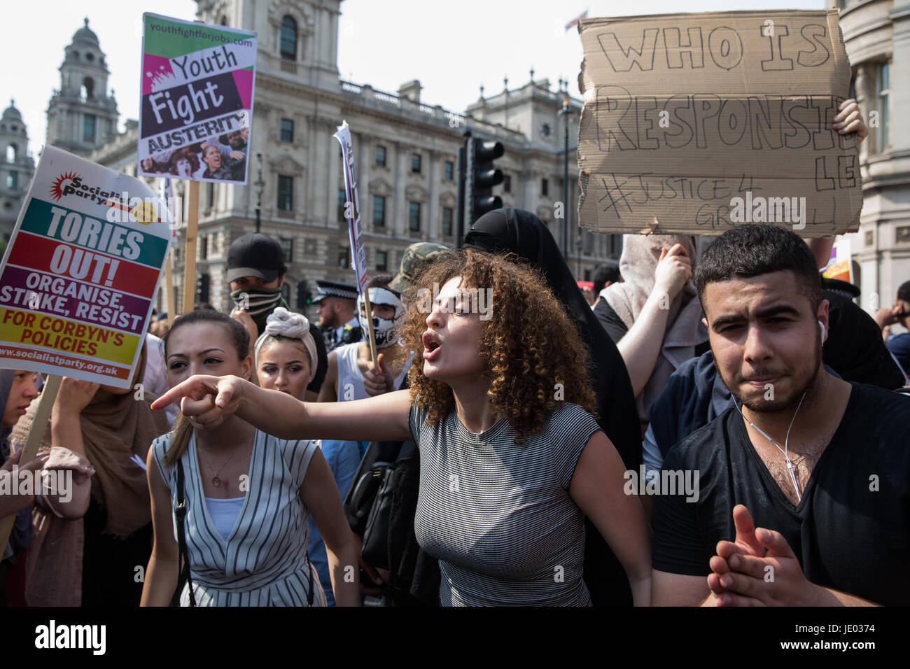 London, UK. 21st June, 2017. Protesters block Westminster Bridge Road ...