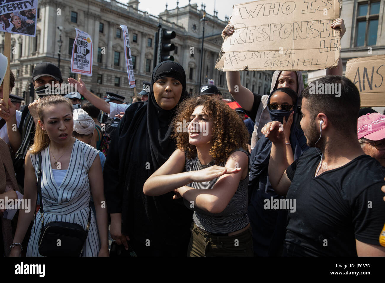 London, UK. 21st June, 2017. Protesters block Westminster Bridge Road ...