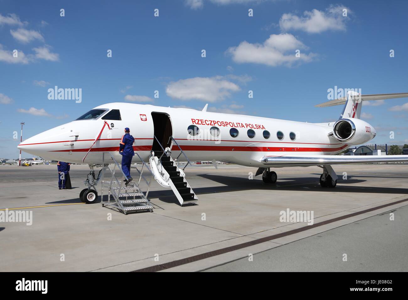 A Gulfstream G550 plane arrives on June 21, 2017 at a military airport ...