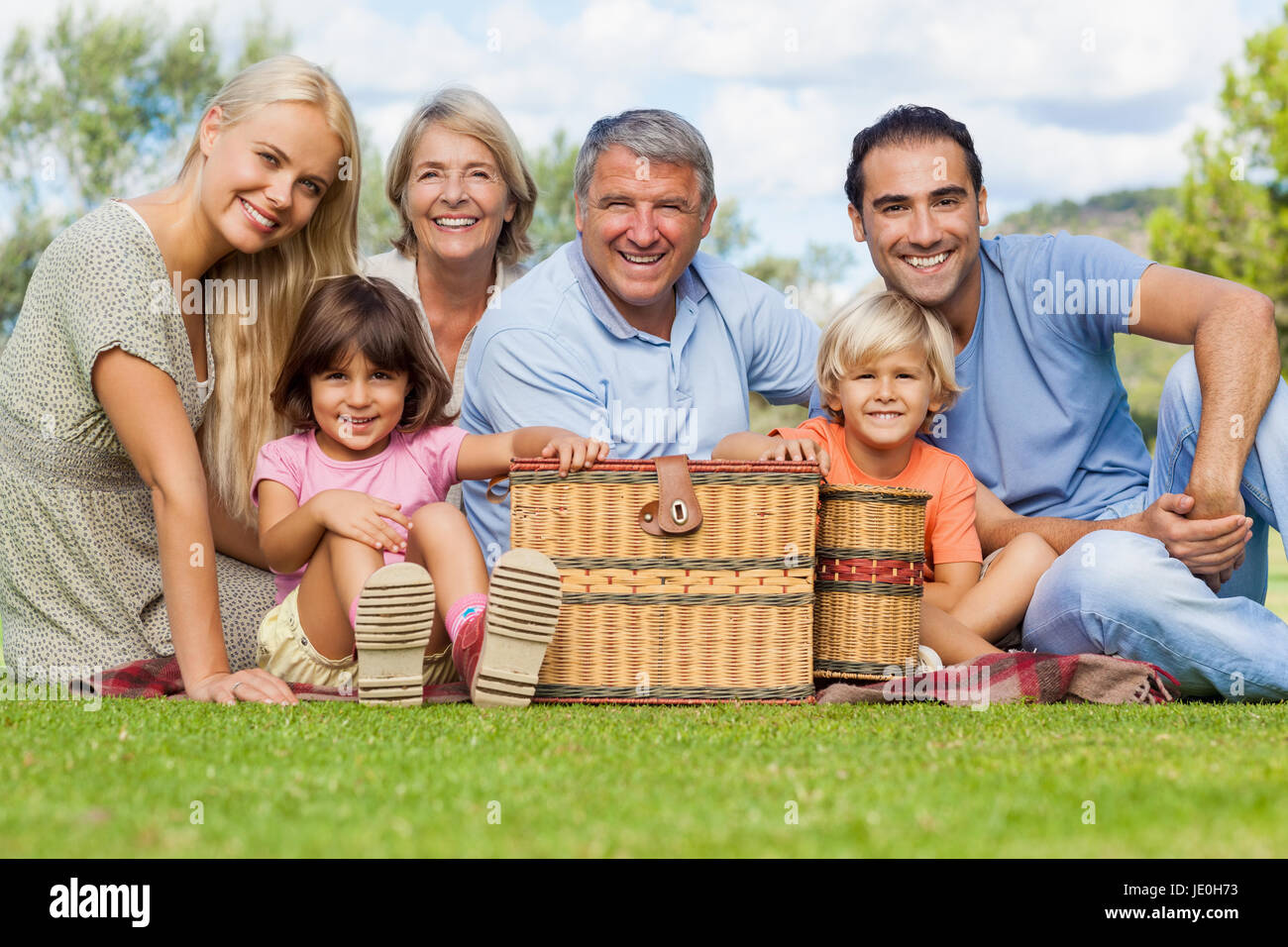 Multi-generation family portrait in the park ready for a picnic Stock ...