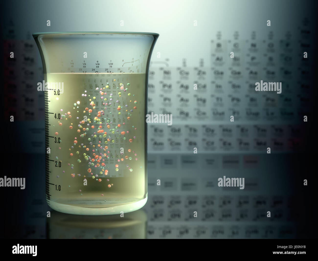 Test tubes with chemical elements inside and periodic table on ...