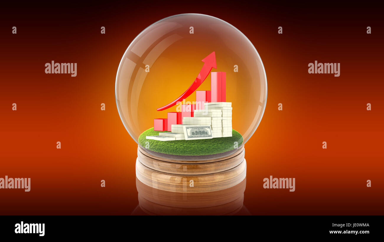 Transparent sphere ball with rising graph and dollars inside. 3D ...