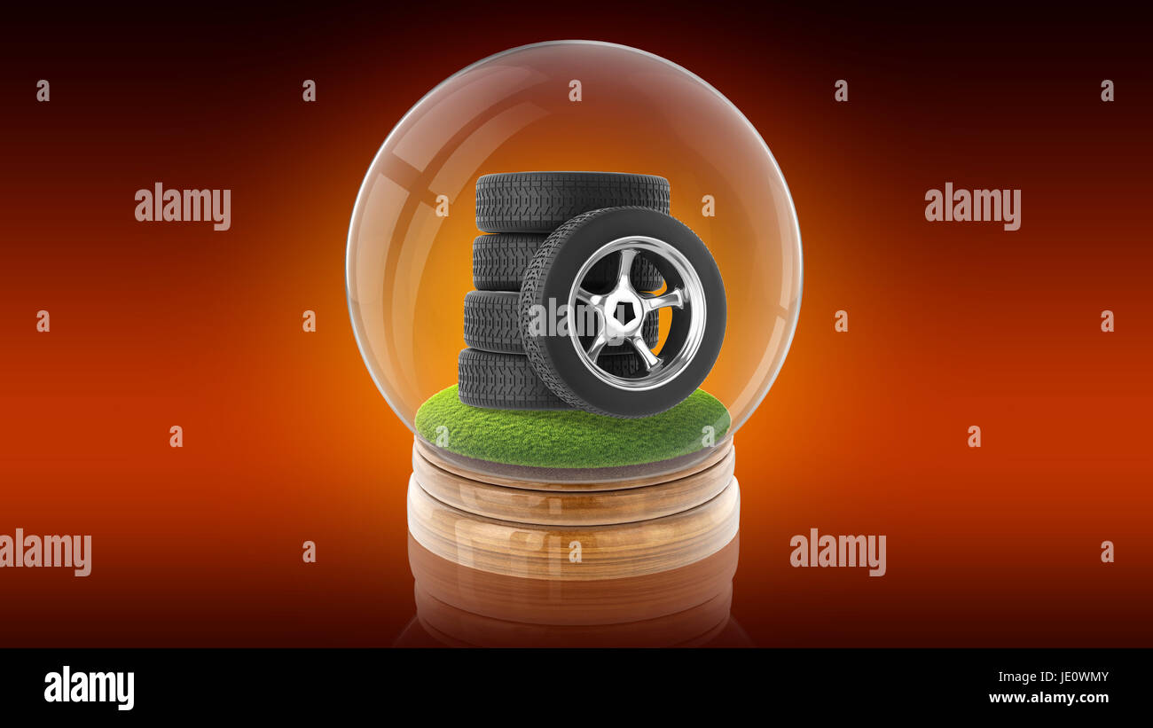 Transparent sphere ball with tires of car inside. 3D rendering Stock ...
