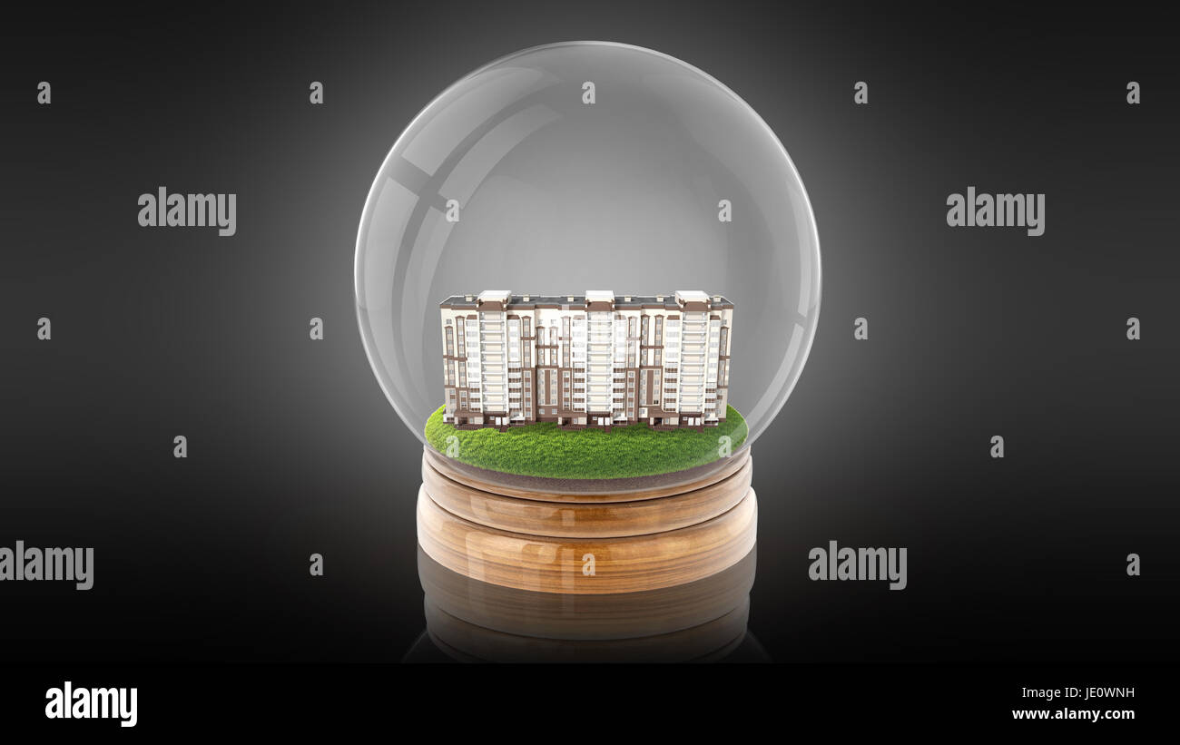 Transparent sphere ball with modern partment house inside. 3D rendering ...
