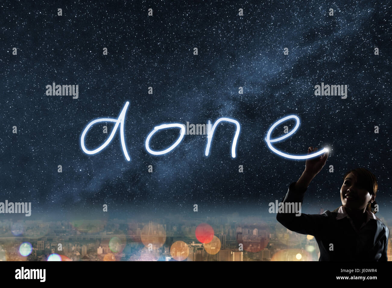 Concept of done, silhouette asian business woman light drawing Stock ...