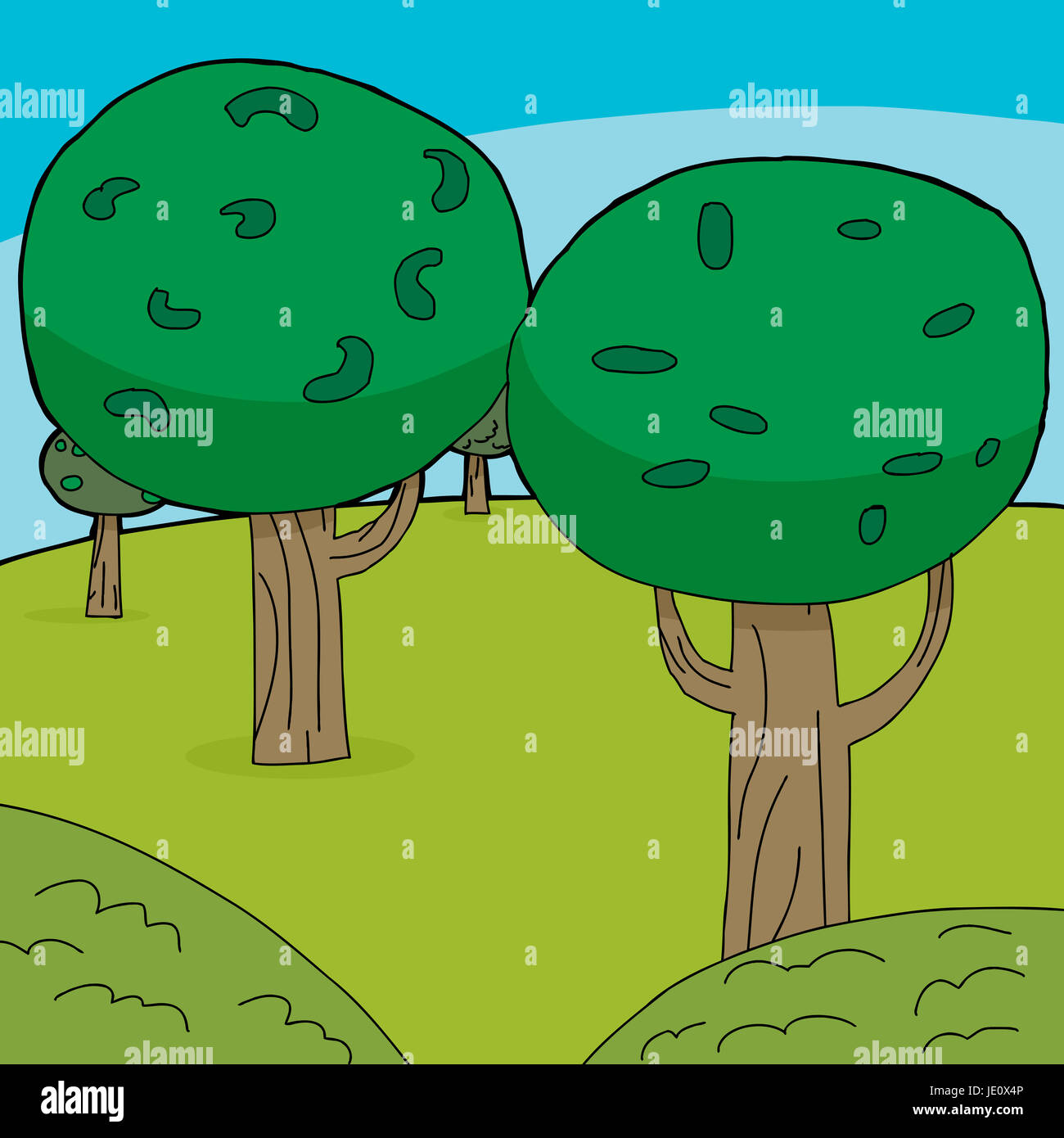 Cartoon green trees in forest nature background Stock Photo - Alamy