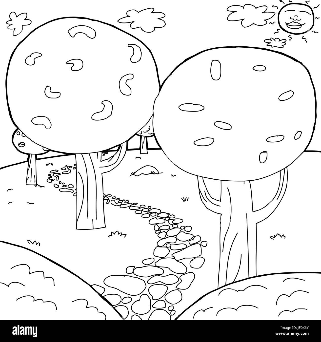 Cartoon background outline with trees and stone path Stock Photo - Alamy