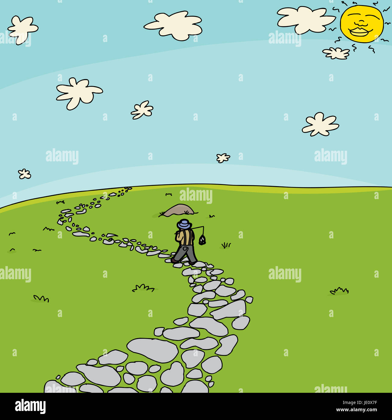 Cartoon landscape background with fisherman walking on stone path Stock ...