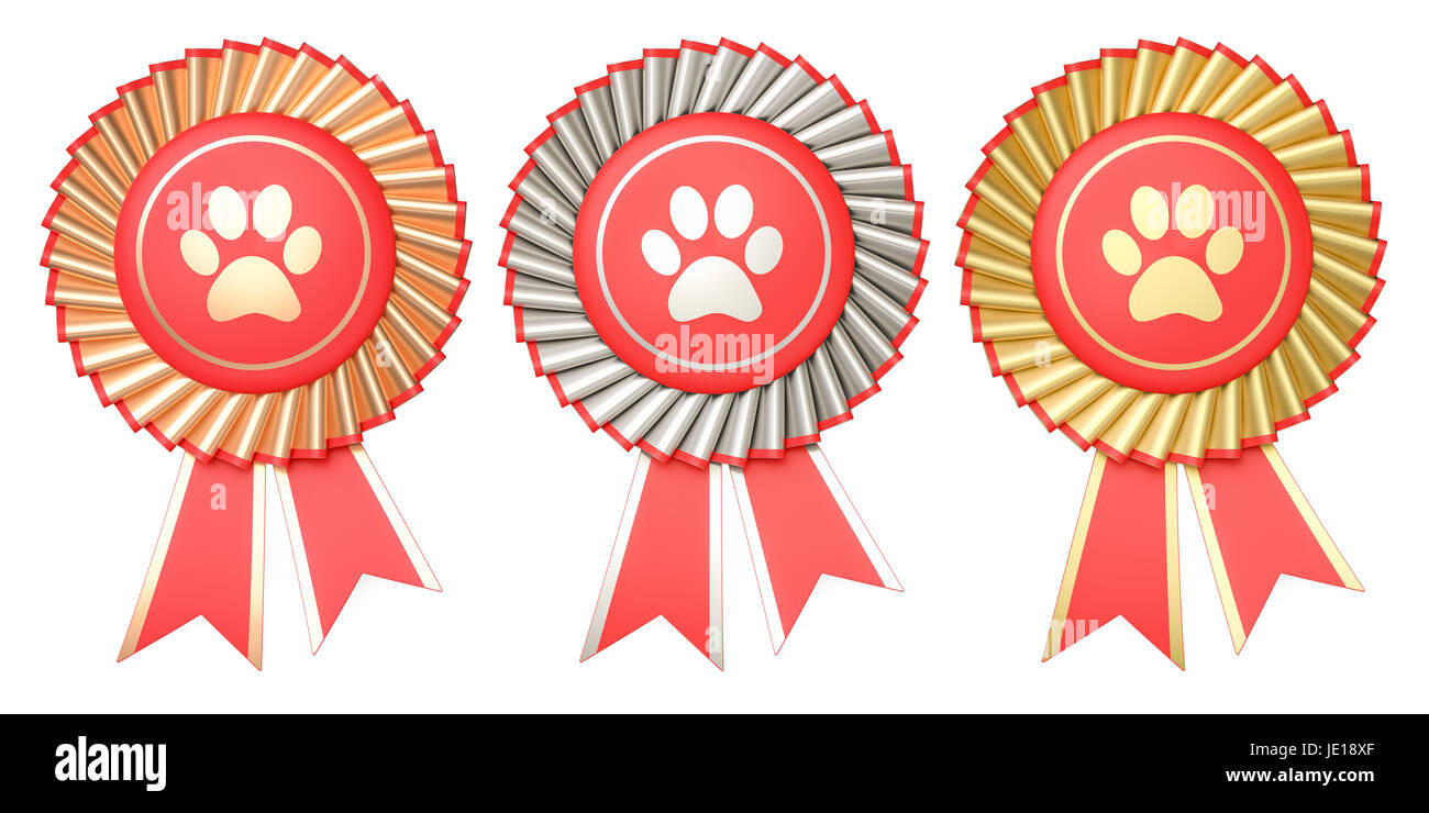 Set of dog or cat winning awards, medals or badges with ribbons. 3D ...