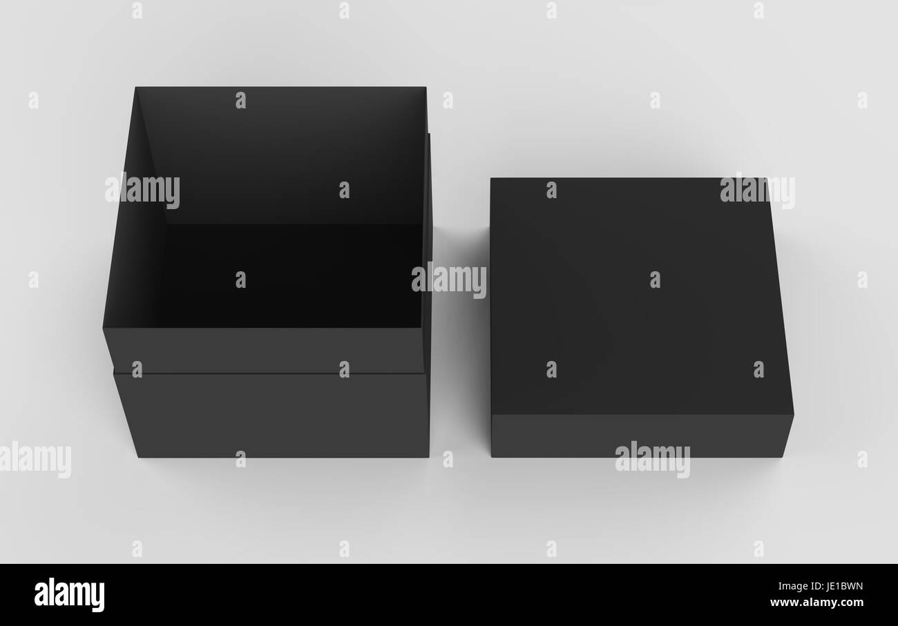 elevated view black 3d rendering blank square box with separate lid ...