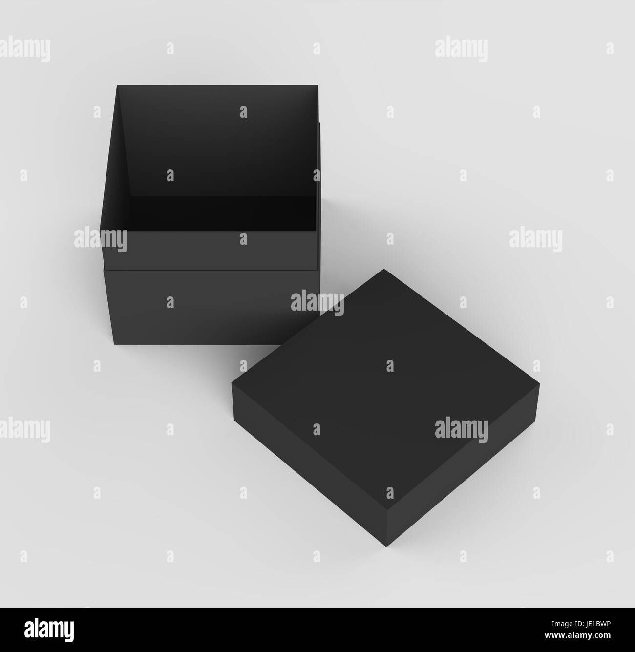 elevated view black 3d rendering blank square box with separate lid ...