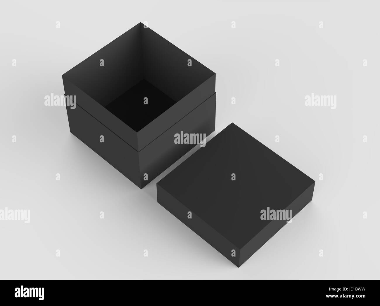 elevated view black 3d rendering blank square tilt box with separate ...
