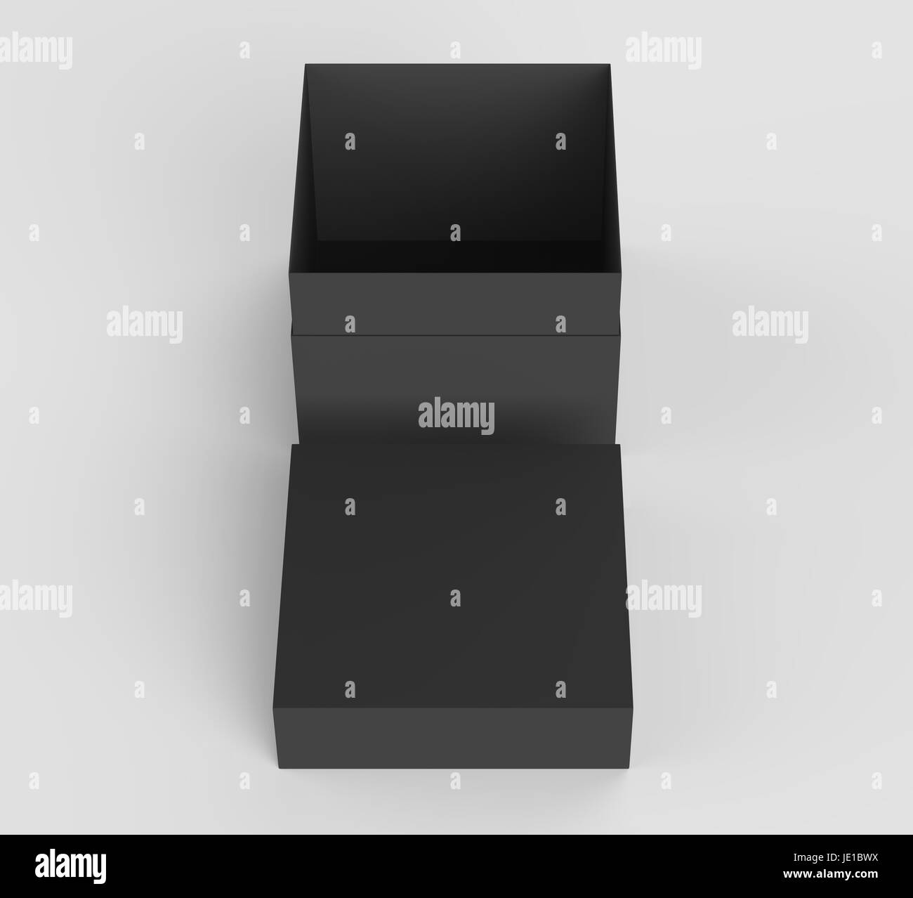 elevated view black 3d rendering blank square box with separate lid ...