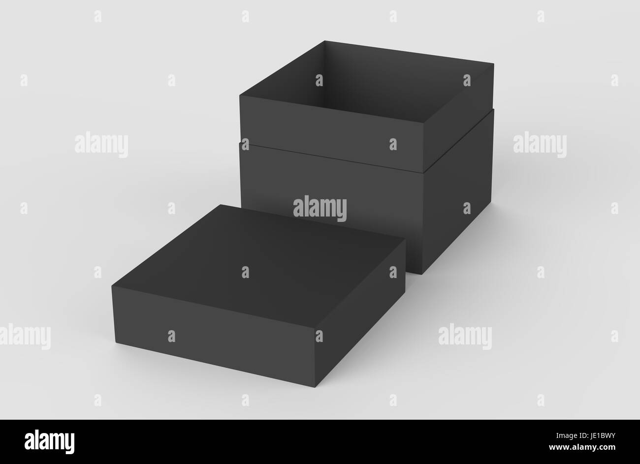 black 3d rendering blank square box with separate lid, isolated gray ...
