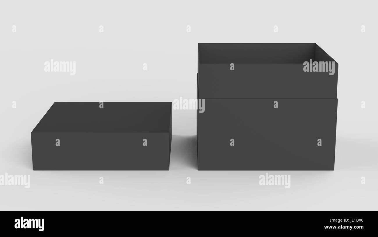 black 3d rendering blank square box with separate lid, isolated gray ...