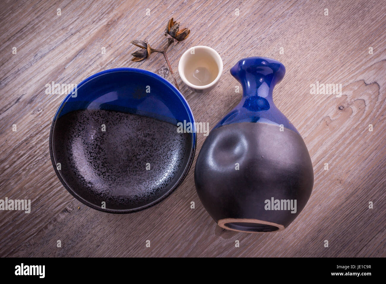 Japanese Sake drinking set on old wood texture background Stock Photo ...