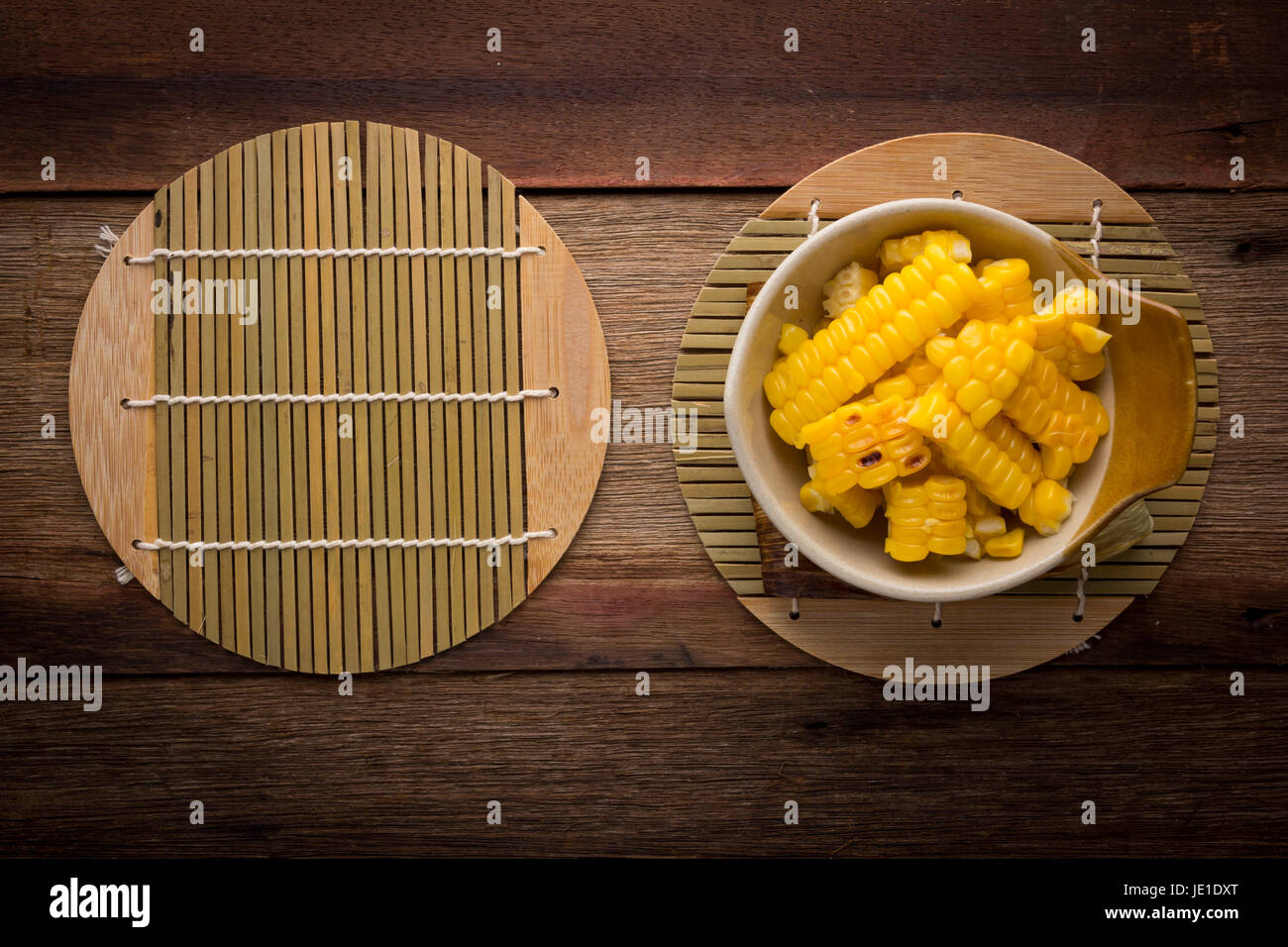 split corn on wood background, View from above with copy space Stock ...