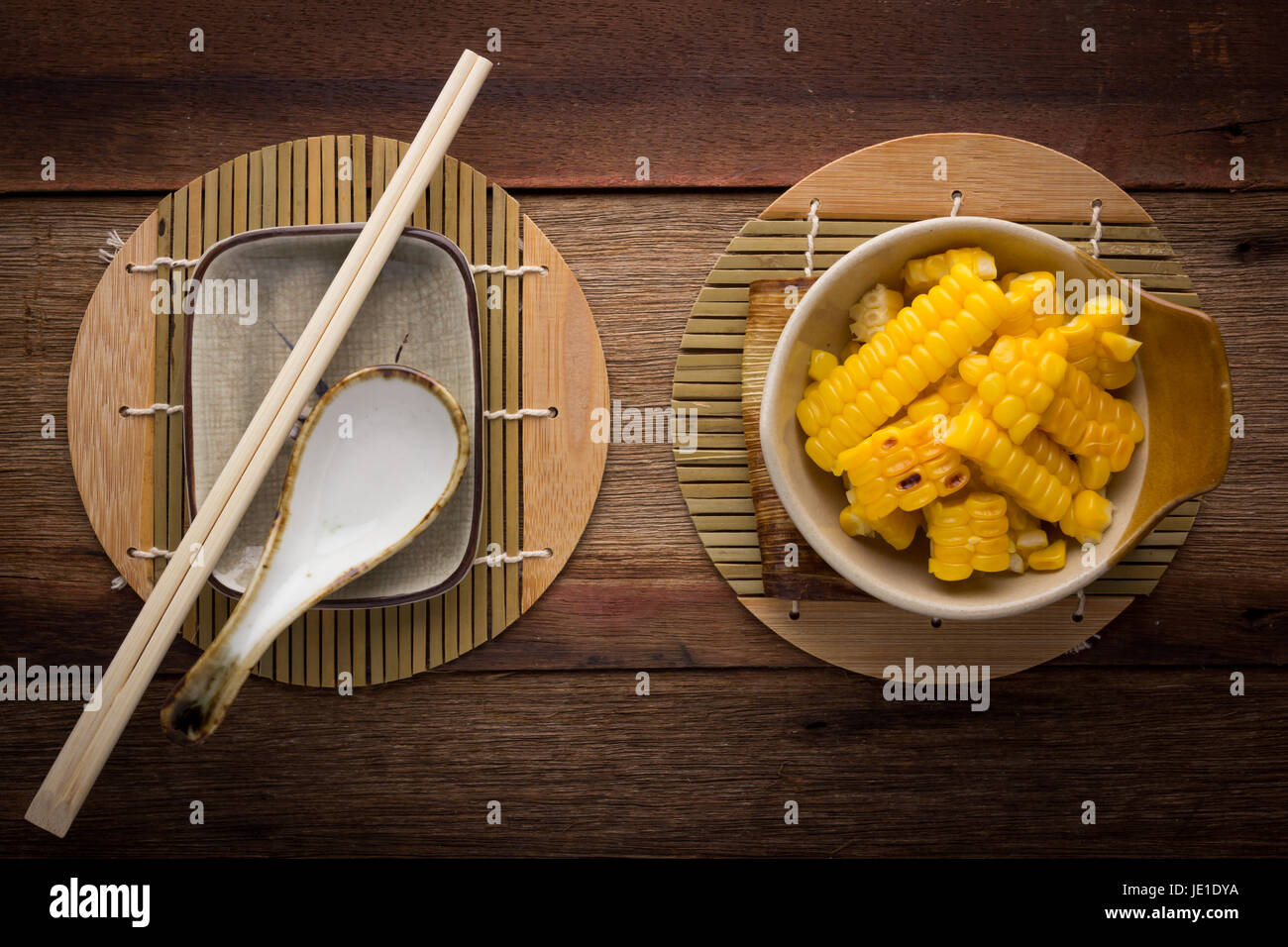 split corn on wood background, View from above with copy space Stock ...