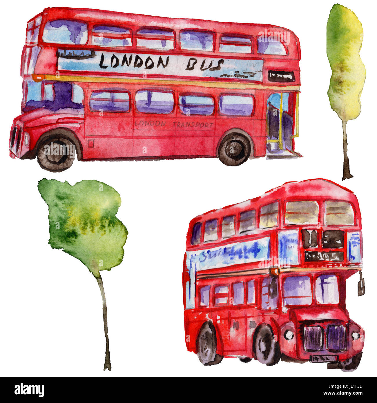 Watercolor London illustration. Great Britain hand drawn symbols ...