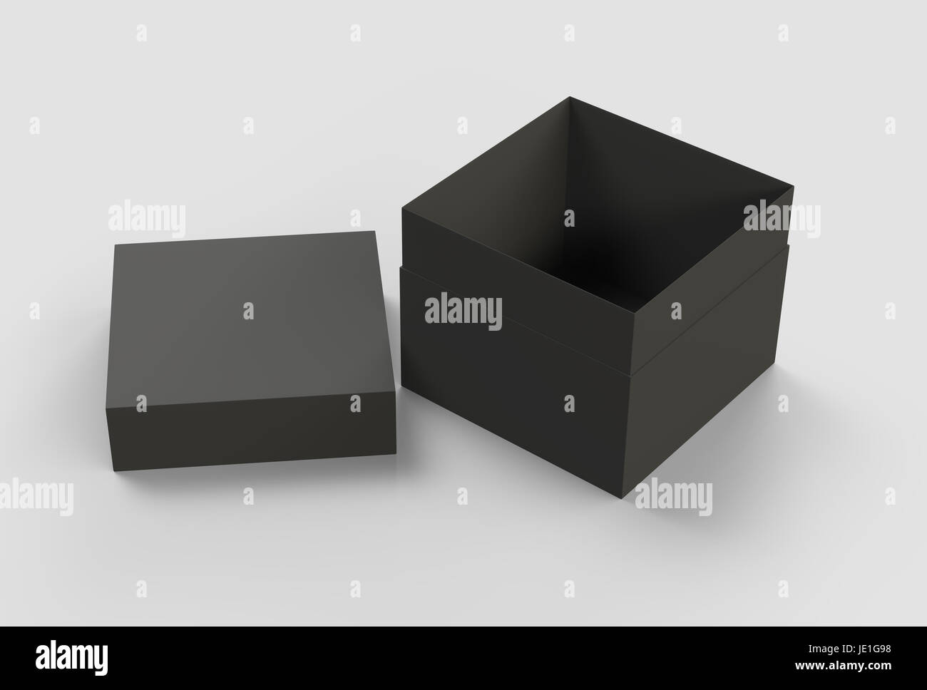 black 3d rendering blank square box with separate lid, isolated gray ...