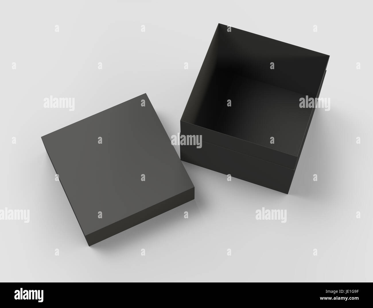 elevated view black 3d rendering blank square box with separate lid ...