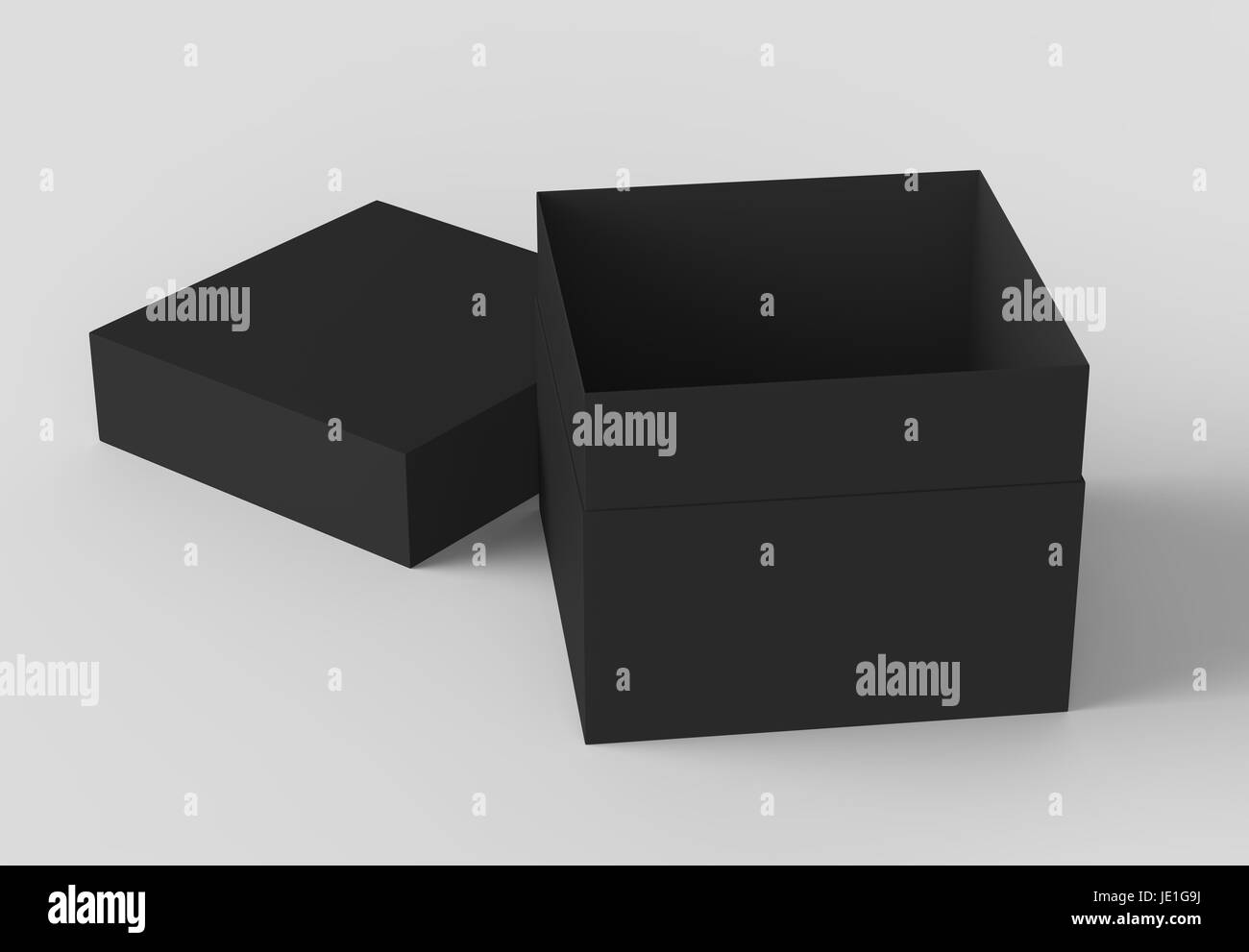 black 3d rendering blank square box with separate lid, isolated gray ...