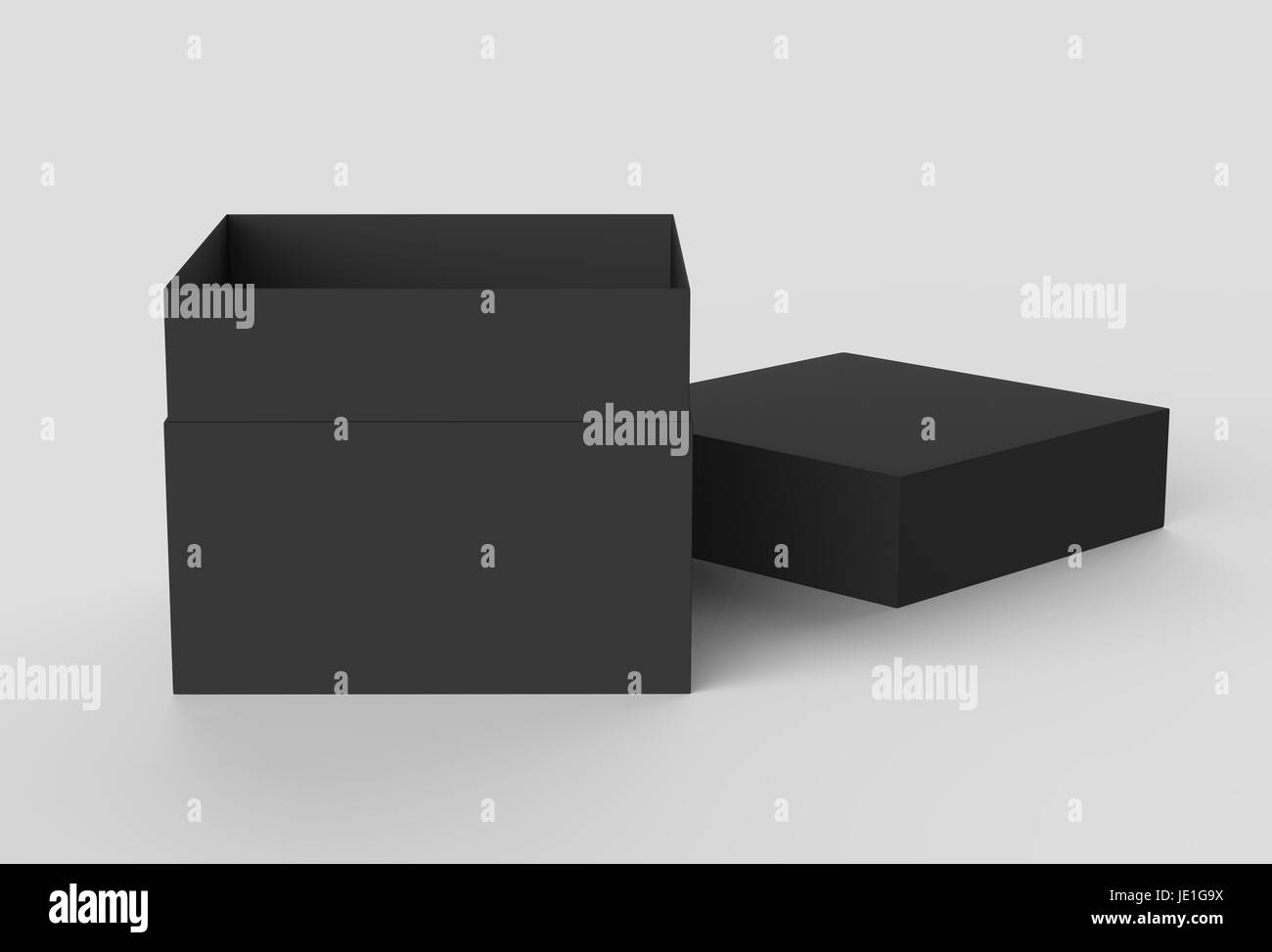 black 3d rendering blank square box with separate lid, isolated gray ...