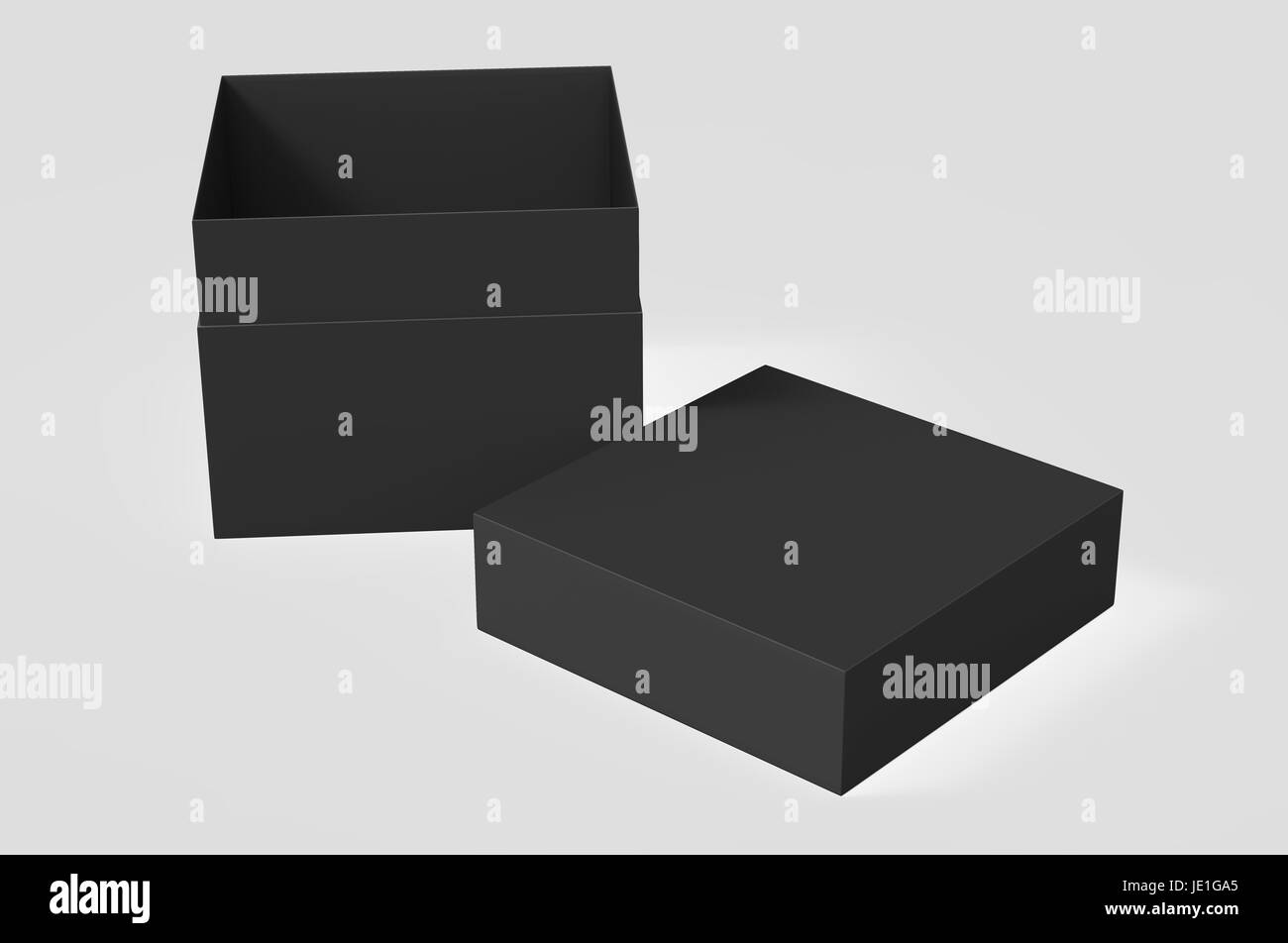 black 3d rendering blank square box with separate lid, isolated gray ...