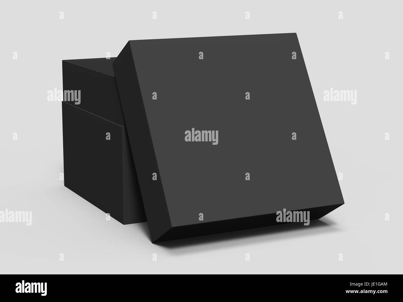 black 3d rendering blank square box with separate lid, isolated gray ...