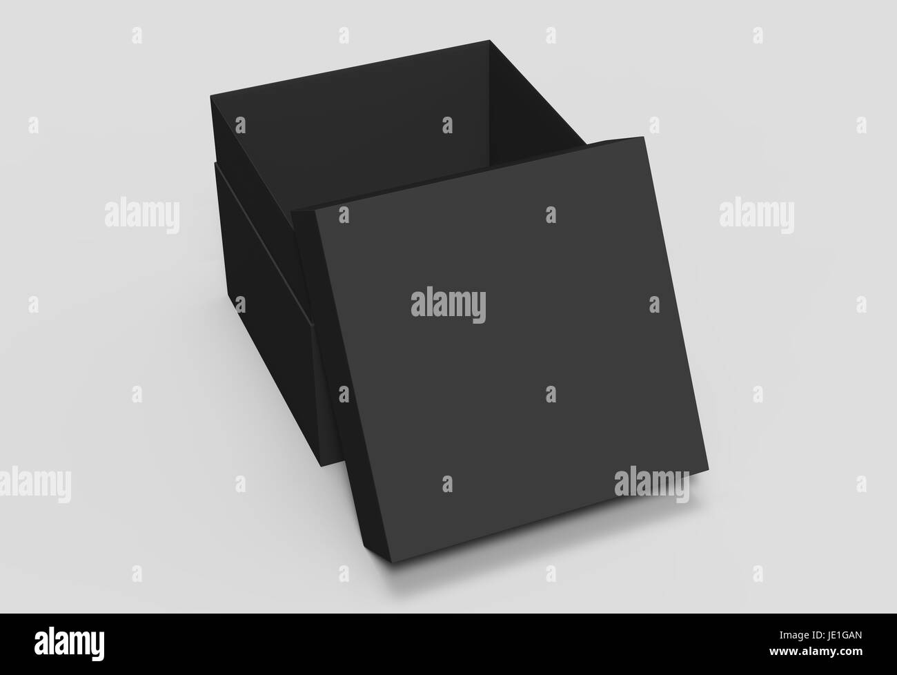 black 3d rendering blank square box with separate lid, isolated gray ...