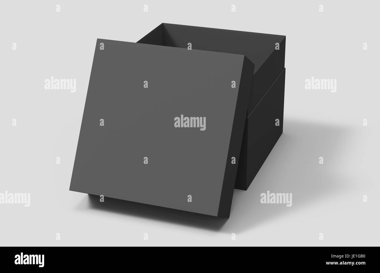 black 3d rendering blank square box with separate lid, isolated gray ...
