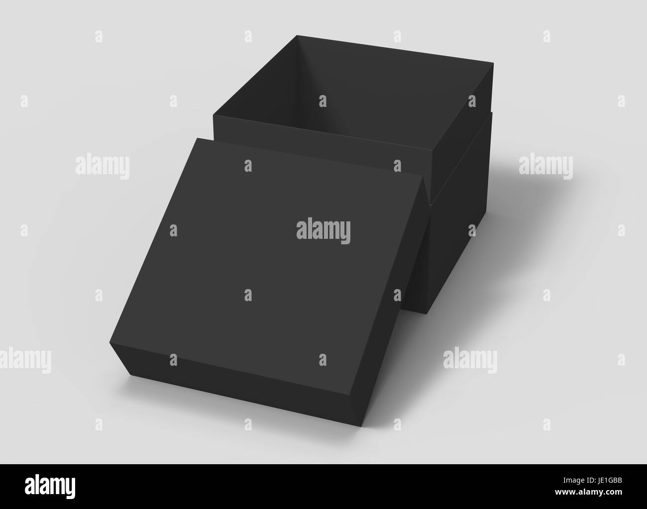 black 3d rendering blank square box with separate lid, isolated gray ...