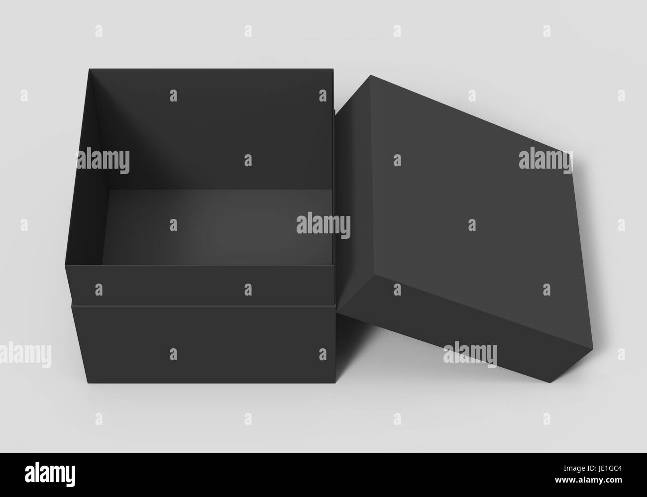 black 3d rendering blank square box with separate lid, isolated gray ...