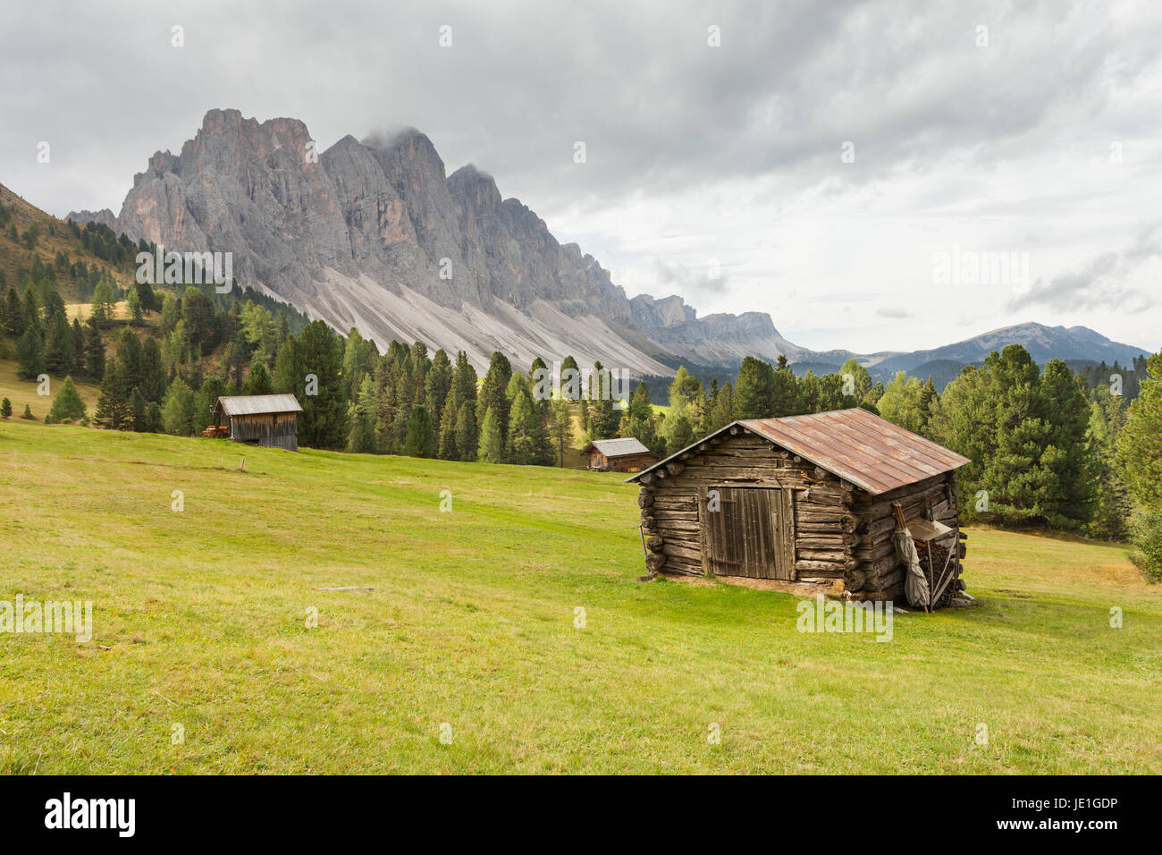 old hayloft in a pasture in Val di Funes at fall ( Dolomites - Odle ...