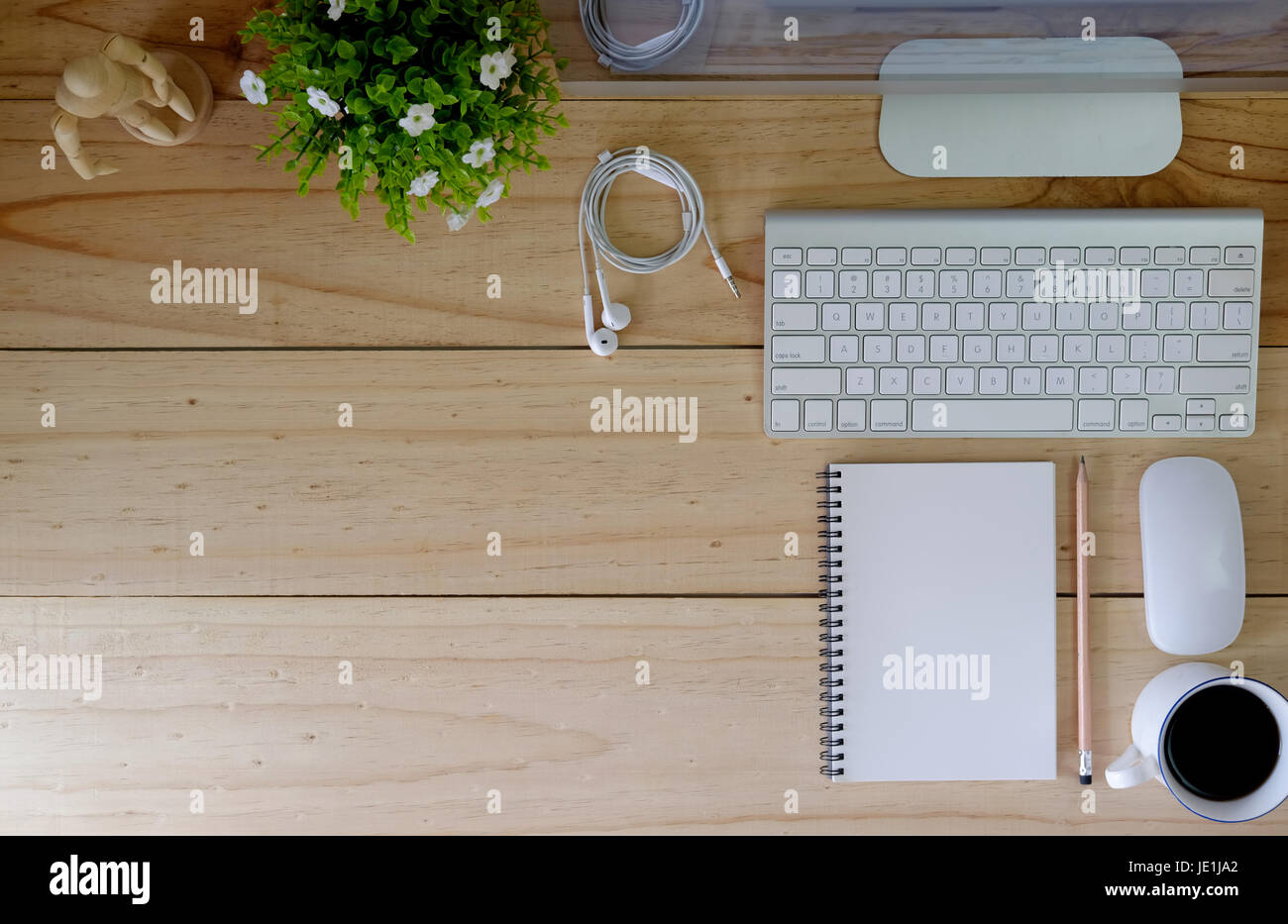 Workspace modern desktop computer on wood table and office stuff. top ...