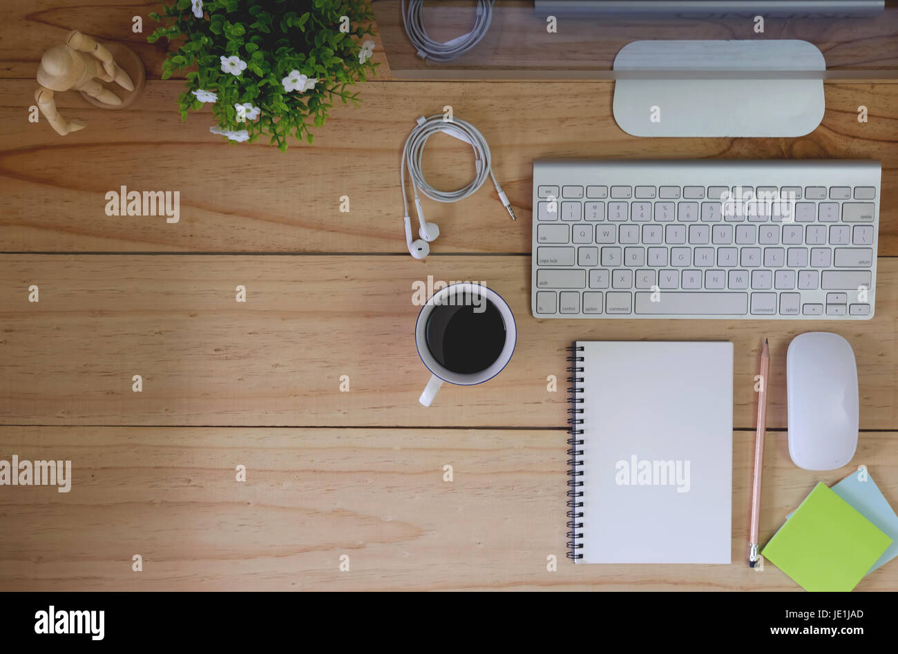 Workspace modern desktop computer on wood table and office stuff. top ...