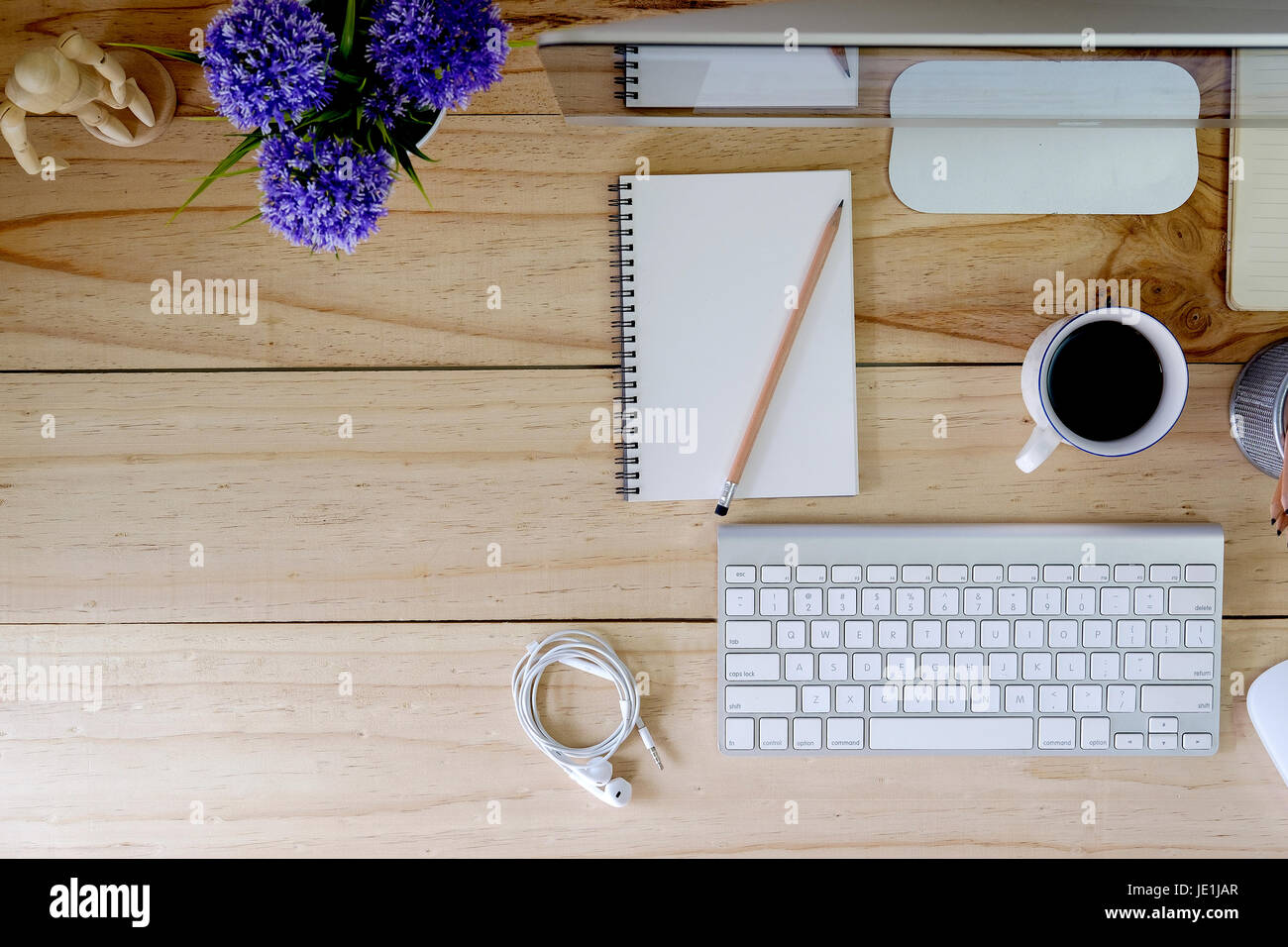 Workspace modern desktop computer on wood table and office stuff. top ...