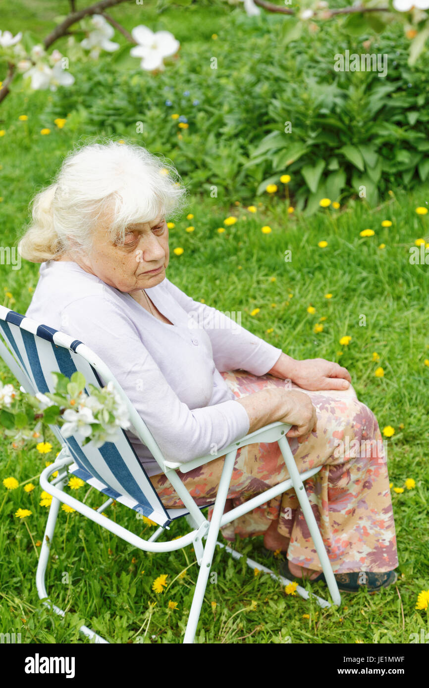 The grandmother in garden under a blossoming apple-tree Stock Photo - Alamy