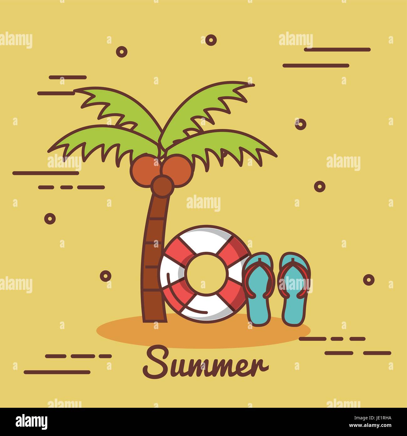 Palm tree lifesaver and flip flops over yellow background vector ...
