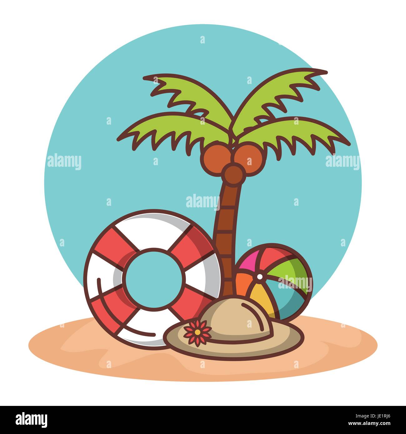Palm tree lifesaver ball and hat over white background vector ...
