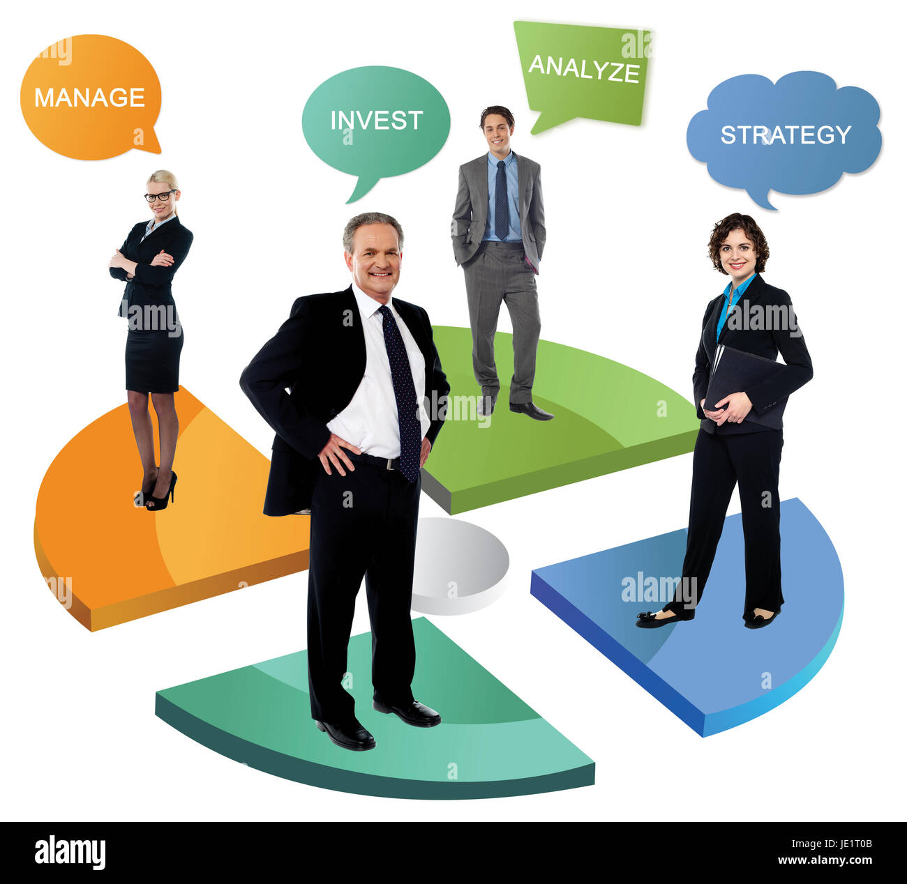 Business people with position standing over pie chart Stock Photo - Alamy