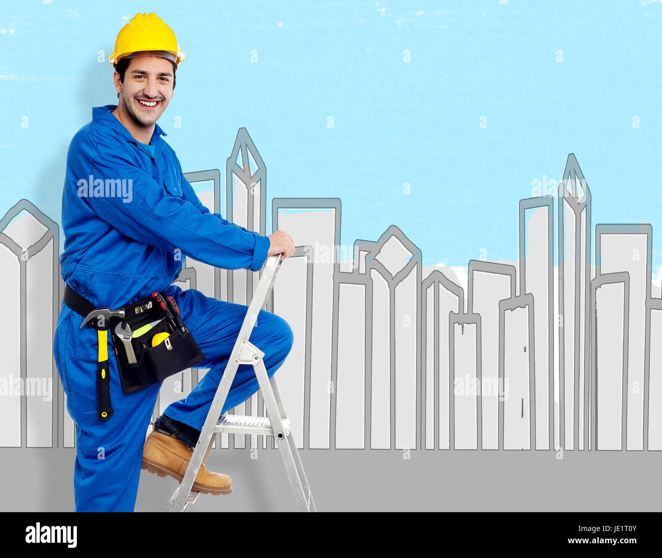 Happy handyman standing in ladder, cityscape background Stock Photo - Alamy