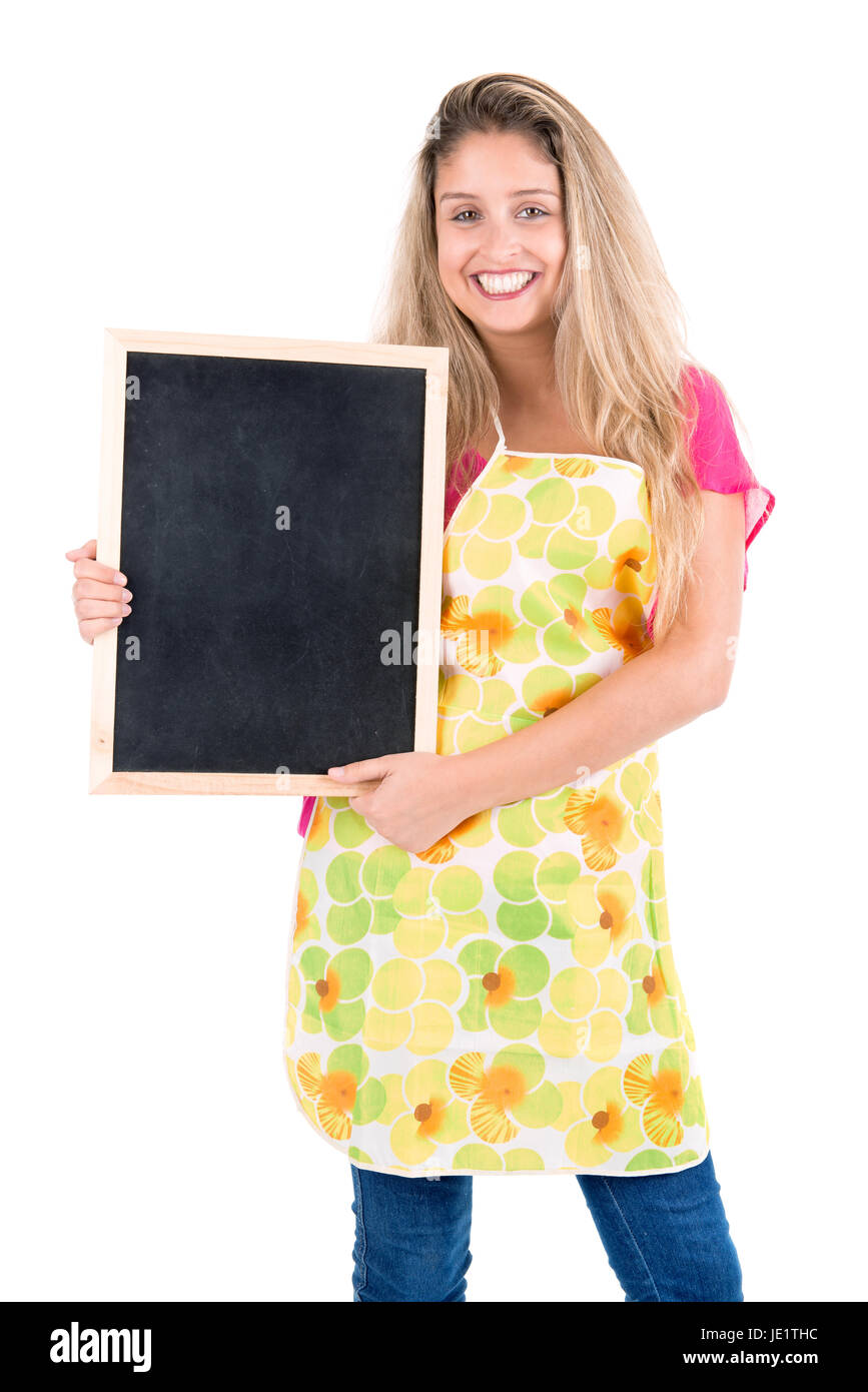 Beautiful woman with apron and menu bord Stock Photo - Alamy