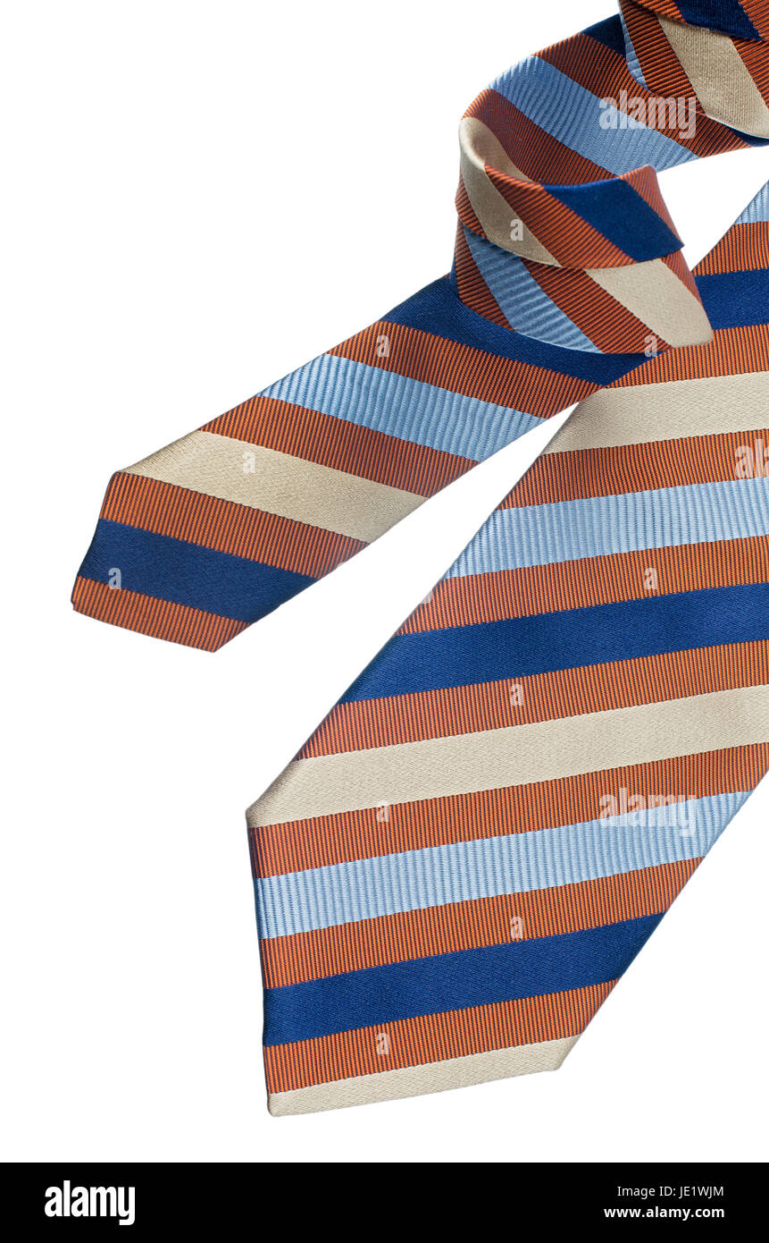 Orange, yellow and blue striped pattern tie isolated on white ...