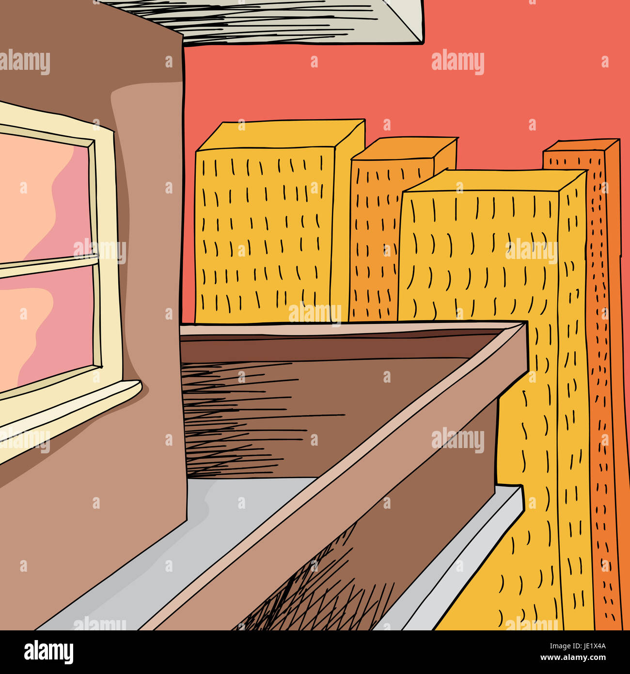 Cartoon urban apartment exterior with cityscape background Stock Photo ...