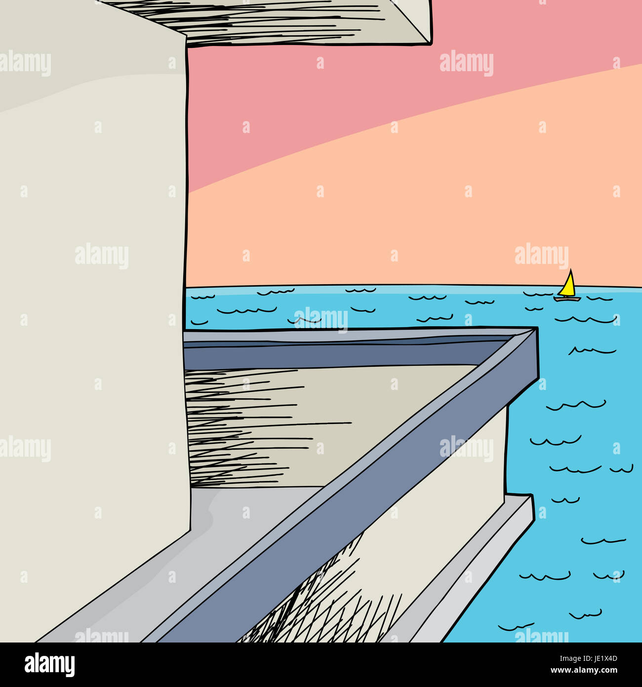 Ocean view cartoon patio with blank wall Stock Photo - Alamy