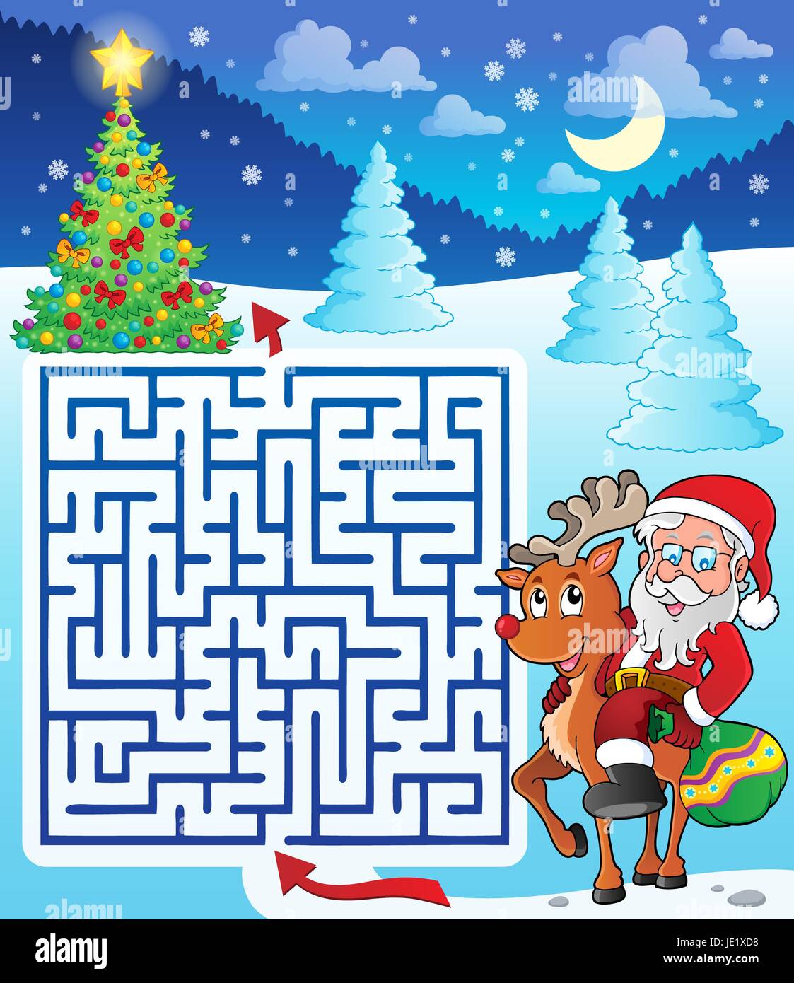 Maze 3 with Santa Claus and deer - picture illustration Stock Photo - Alamy