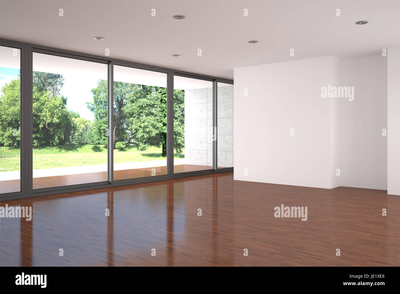 Empty modern living room with large window and parquet floor Stock ...